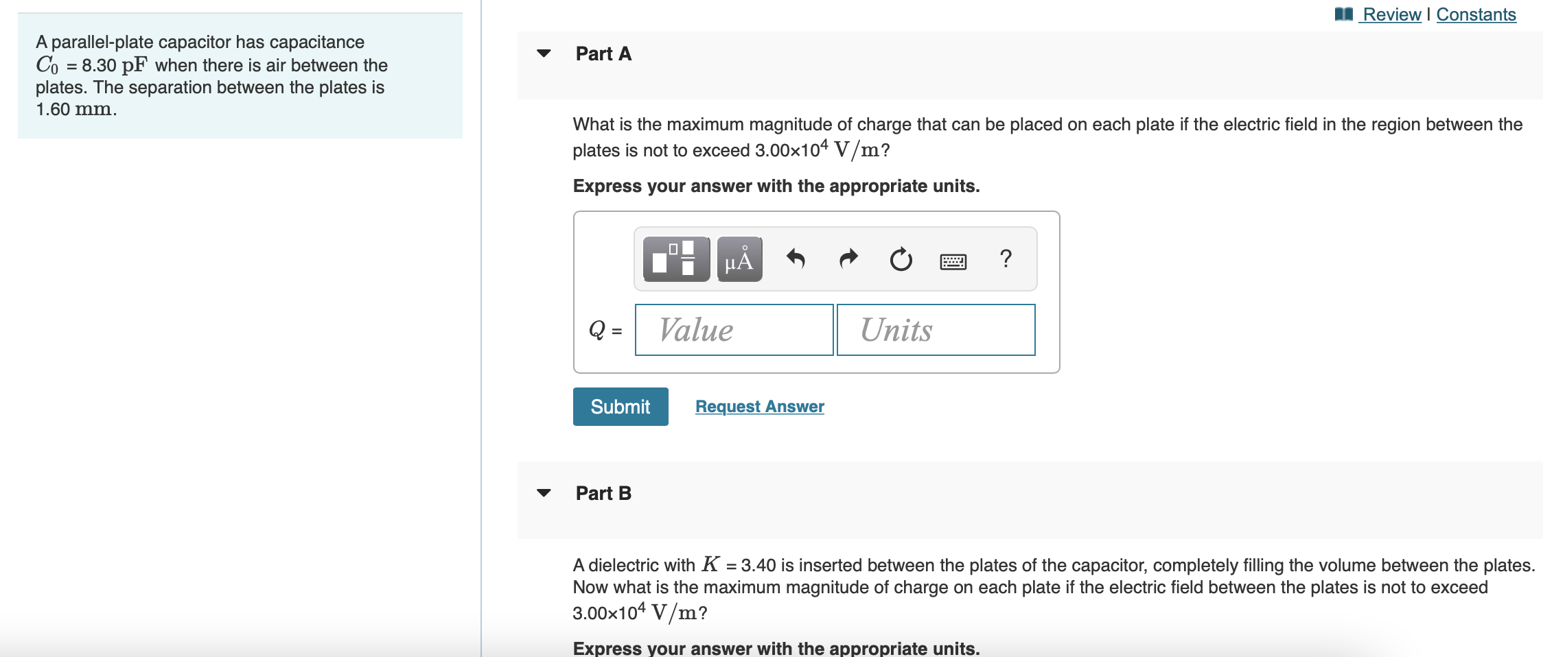 Solved Review | Constants Part A A parallel-plate capacitor | Chegg.com