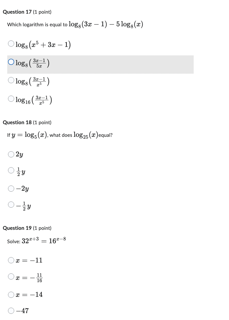Solved Which logarithm is equal to log8(3x−1)−5log8(x) | Chegg.com