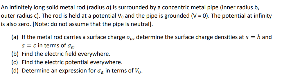 Solved An infinitely long solid metal rod (radius a ) is | Chegg.com