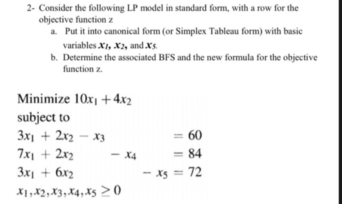 Solved 2- Consider the following LP model in standard form, | Chegg.com
