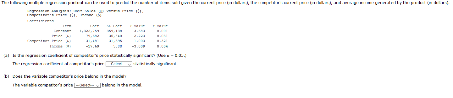 Solved The following multiple regression printout can be | Chegg.com