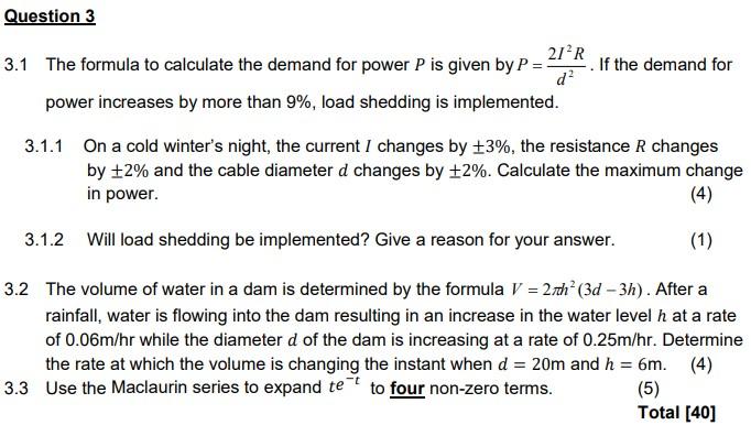 Solved 3.1 The formula to calculate the demand for power P | Chegg.com