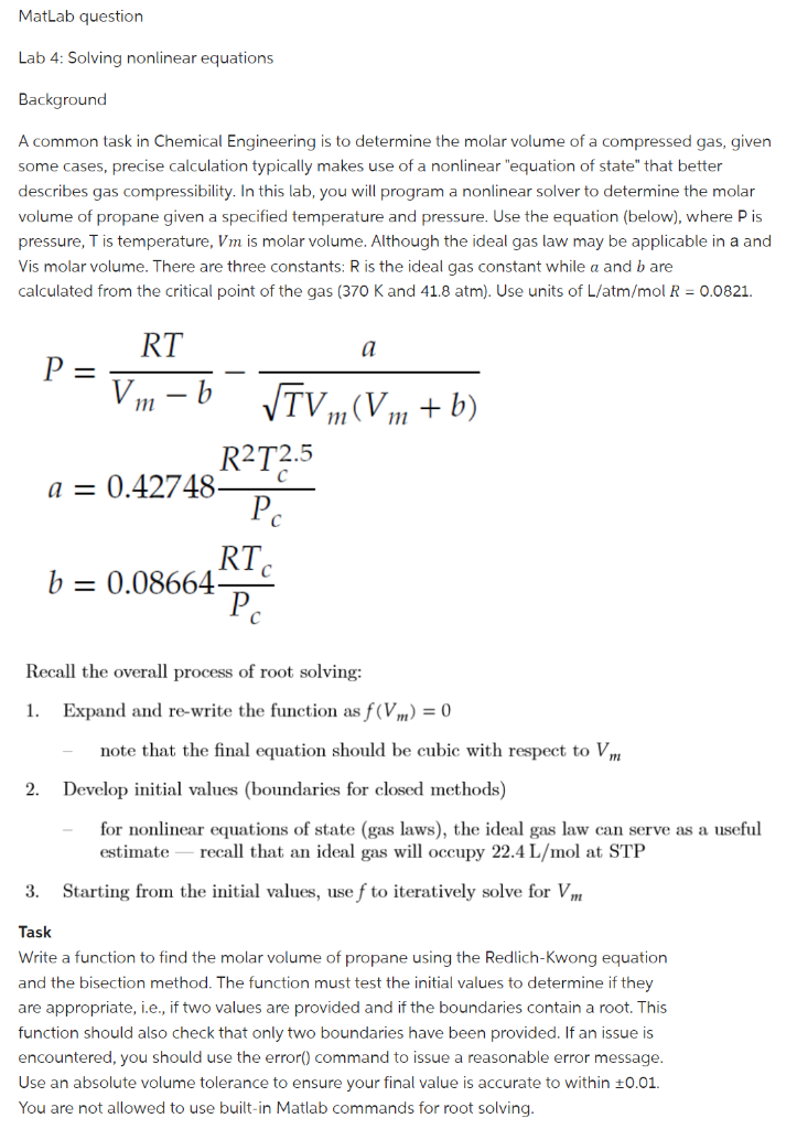 Solved MatLab question Lab 4: Solving nonlinear equations | Chegg.com