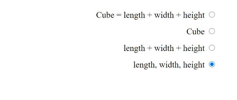Solved Cube = length + width + height Cube o length + width | Chegg.com