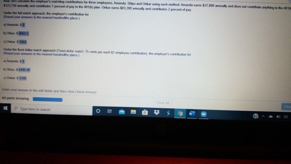 Calculating 401(k) Matching Contributions Companies | Chegg.com