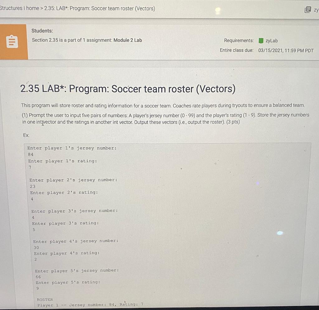 Solved Structures i home > 2.35: LAB*: Program: Soccer team | Chegg.com