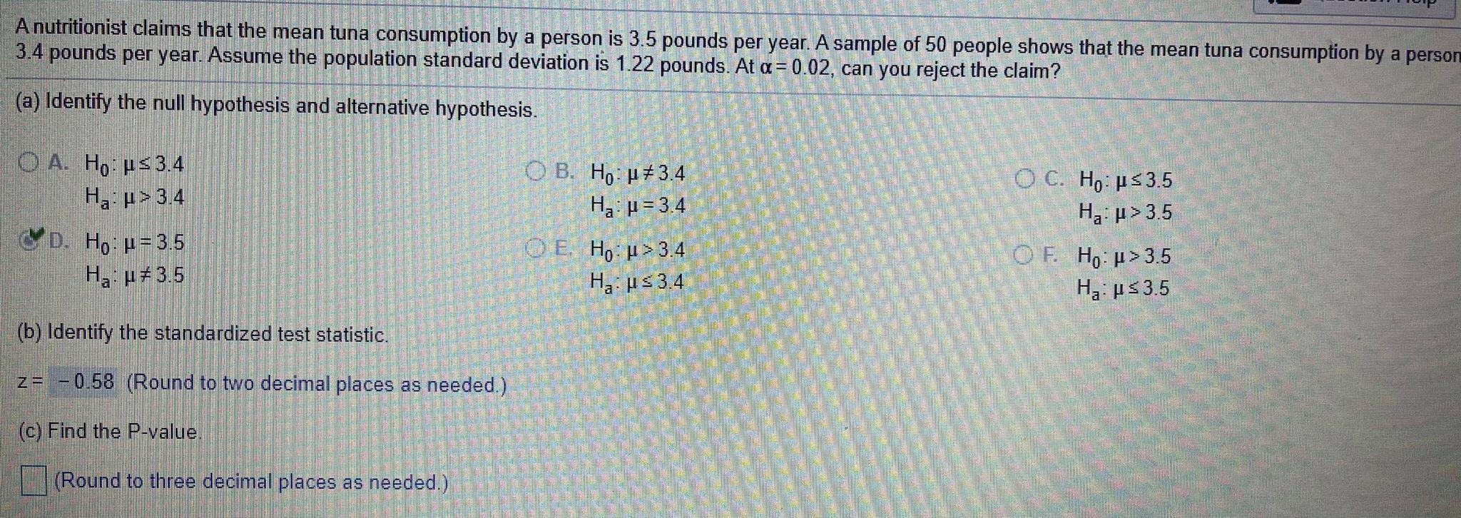 Solved Test the claim about the population mean p at the | Chegg.com