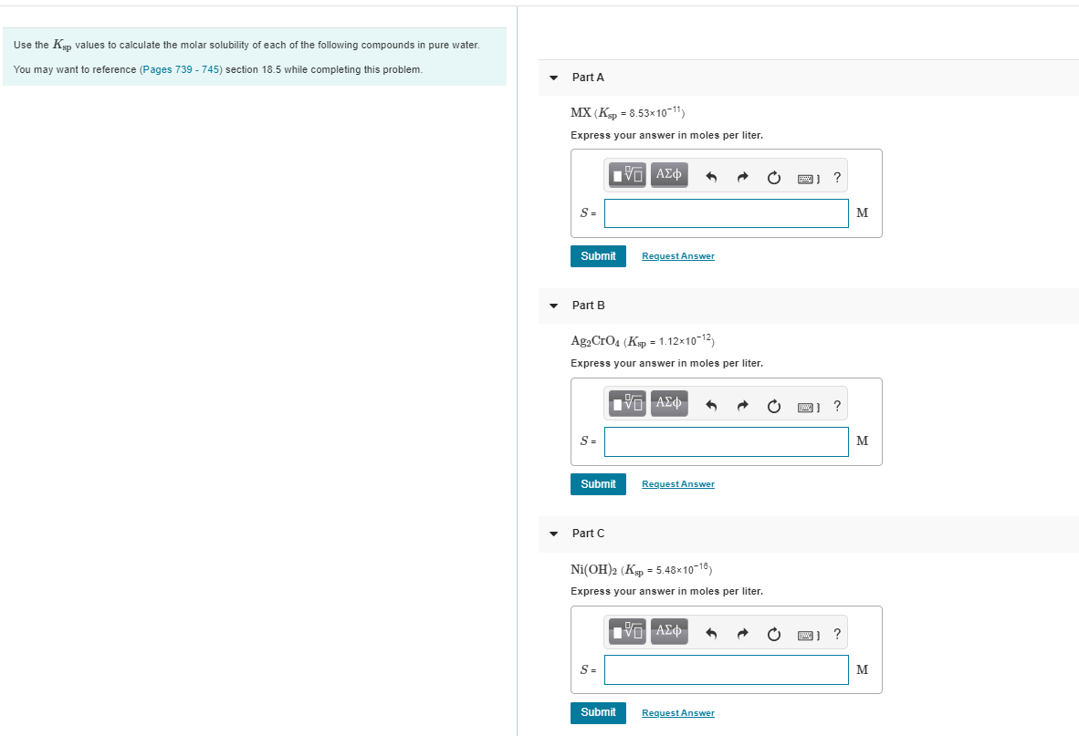 Solved Use the Ksp values to calculate the molar solubility | Chegg.com
