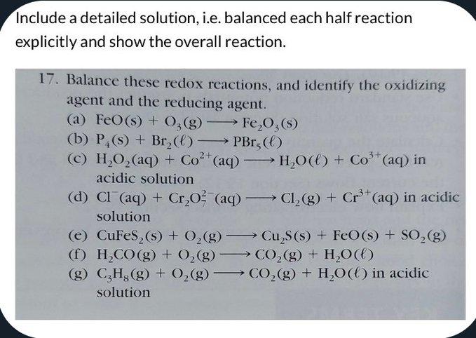 Solved Include a detailed solution, i.e. balanced each half | Chegg.com