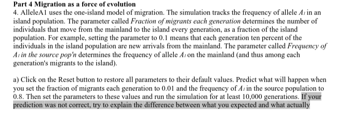Part 4 ﻿Migration as a force of evolutionAlleleA1 | Chegg.com