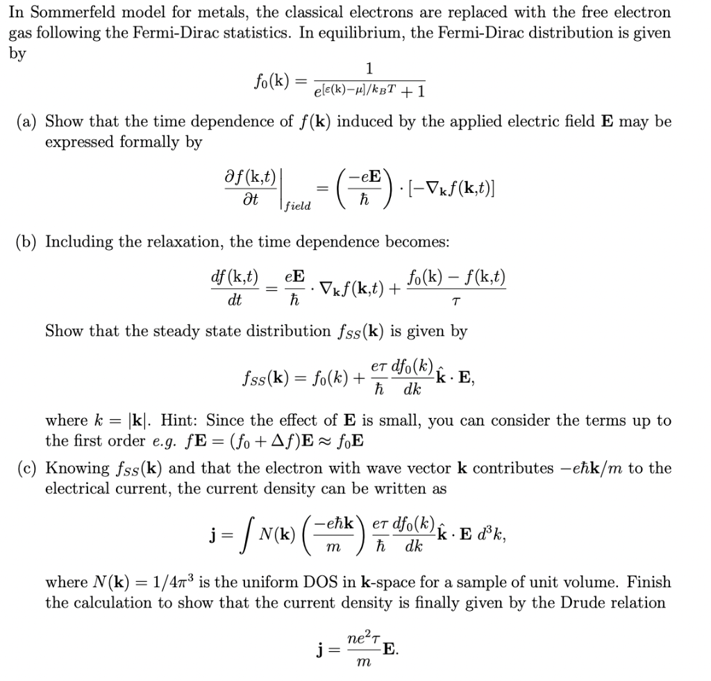 In Sommerfeld model for metals, the classical | Chegg.com