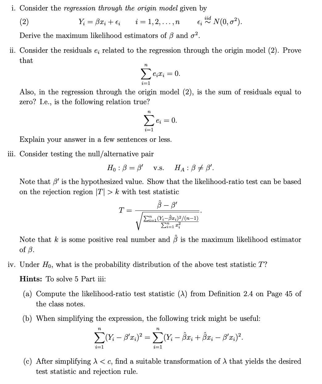 Solved i. Consider the regression through the origin model | Chegg.com