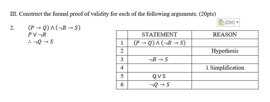 III. Construct the formal proof of validity for each | Chegg.com