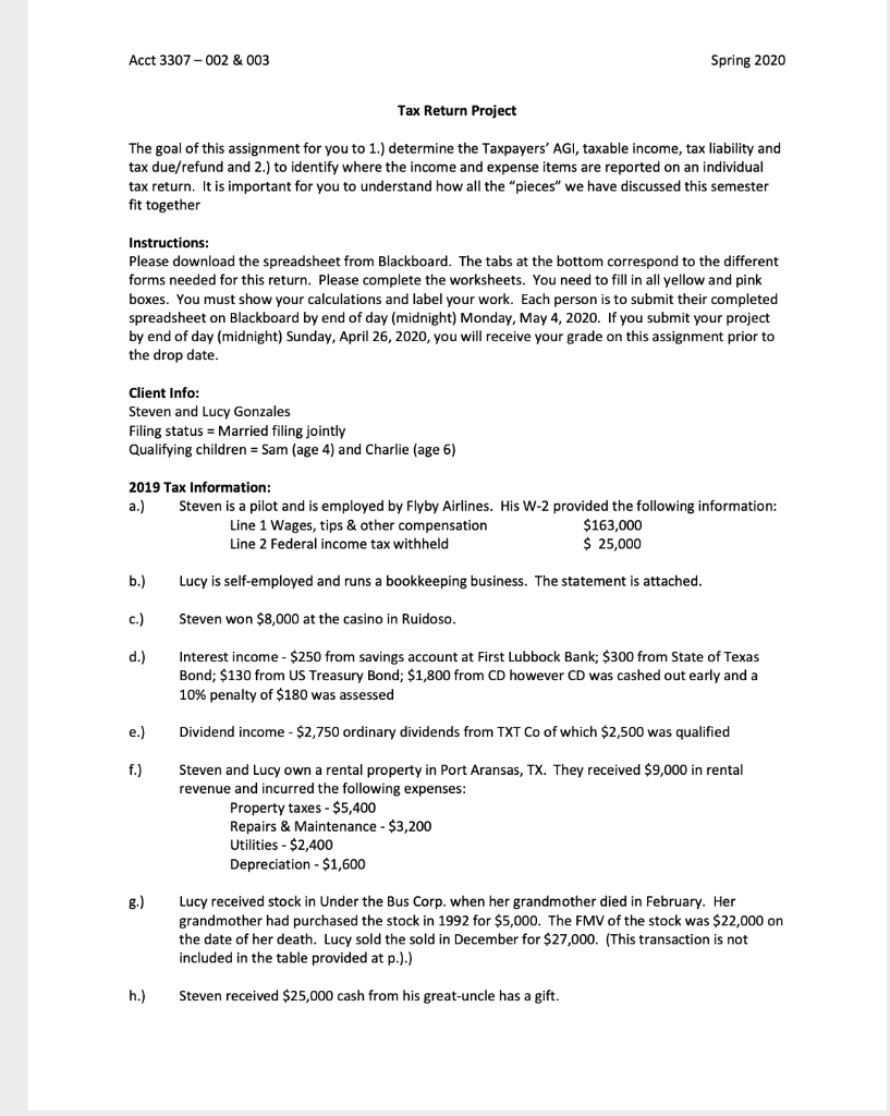 Acct 3307 - 002 & 003 Spring 2020 Tax Return Project | Chegg.com