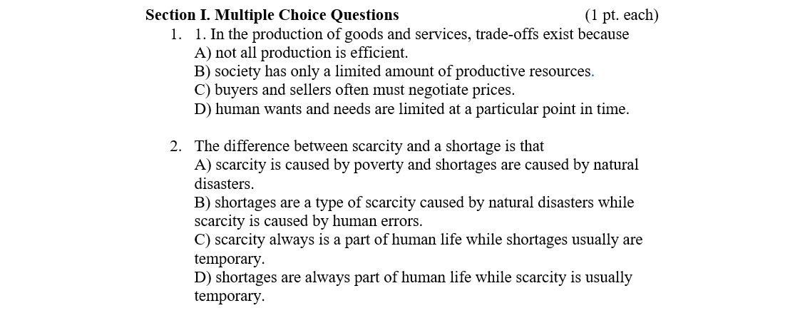 Solved Section I. Multiple Choice Questions (1 pt. each) 1. | Chegg.com