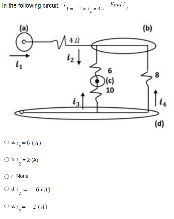 Solved In the following circuit: i i1=−2&i4=4A⋅Find i2 a. | Chegg.com