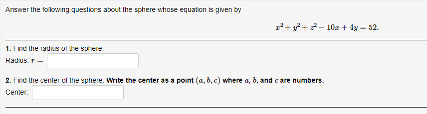 Solved Answer the following questions about the sphere whose | Chegg.com