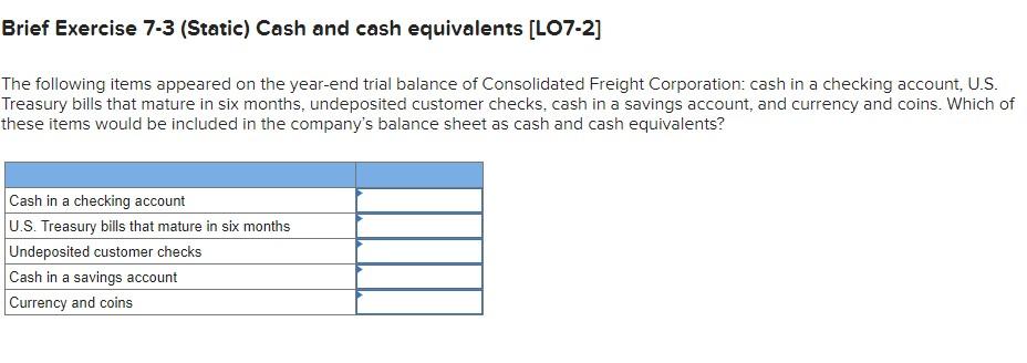 Solved Brief Exercise 7-3 (Static) Cash and cash equivalents | Chegg.com