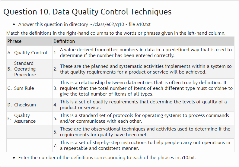 Solved Question 10. Data Quality Control Techniques • Answer | Chegg.com
