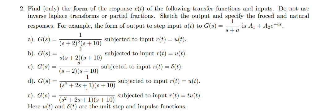 2. Find (only) the form of the response c(t) of the | Chegg.com