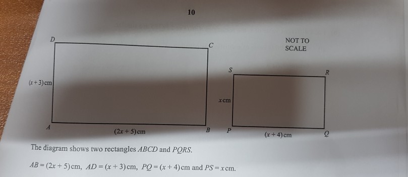 Solved 10 NOT TO SCALE (x + 3) cm x cn (2x + 5) cm (x+ 4) cm | Chegg.com