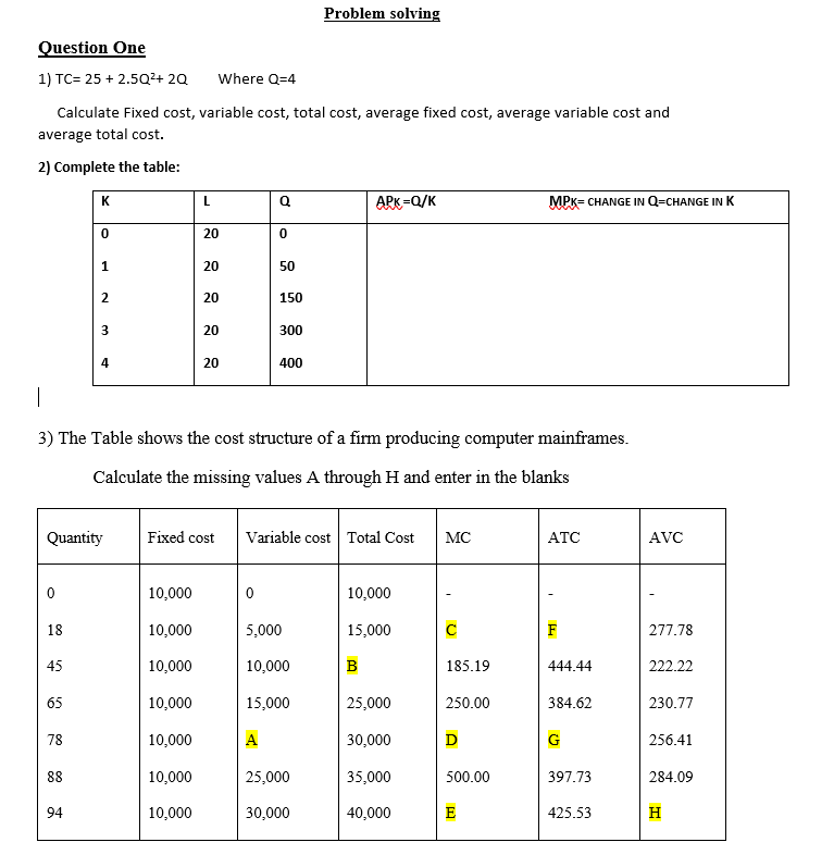 Solved Question One 1) \\( \\mathrm{TC}=25+2.5 | Chegg.com
