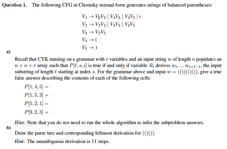 Question 1. The following CFG in Chomsky normal form | Chegg.com