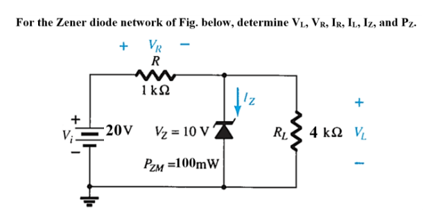 Solved For the Zener diode network of Fig. below, determine | Chegg.com