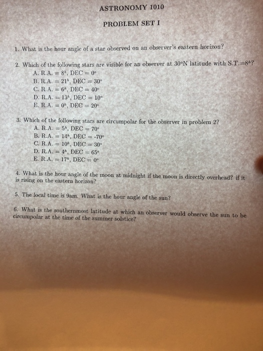 Solved ASTRONOMY 1010 PROBLEM SET I 1. What is the hour | Chegg.com