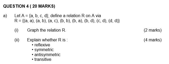 Solved QUESTION 4 ( 20 MARKS) a) Let A = {a, b, c, d); | Chegg.com