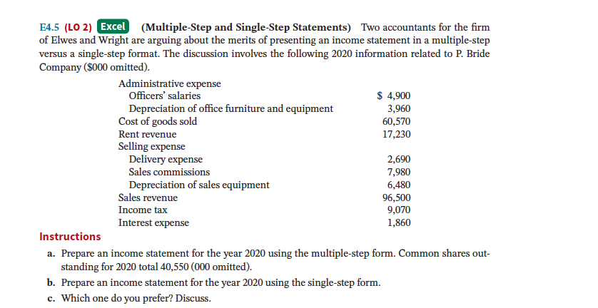 Solved E4.5 (LO 2) Excel (Multiple-Step and Single-Step | Chegg.com
