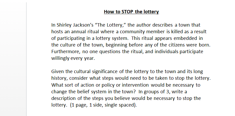 Use this article to write the paper: The Lottery By | Chegg.com