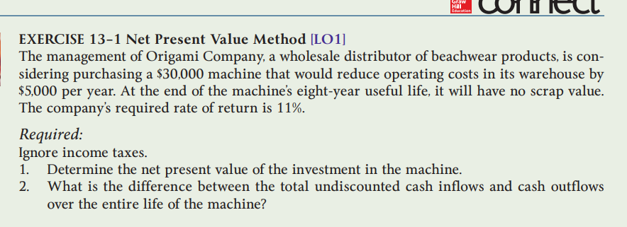Solved EXERCISE 13-1 Net Present Value Method [LO1] The | Chegg.com
