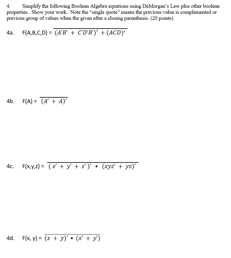 Solved 4. Simplify the following Boolean Algebra equations | Chegg.com