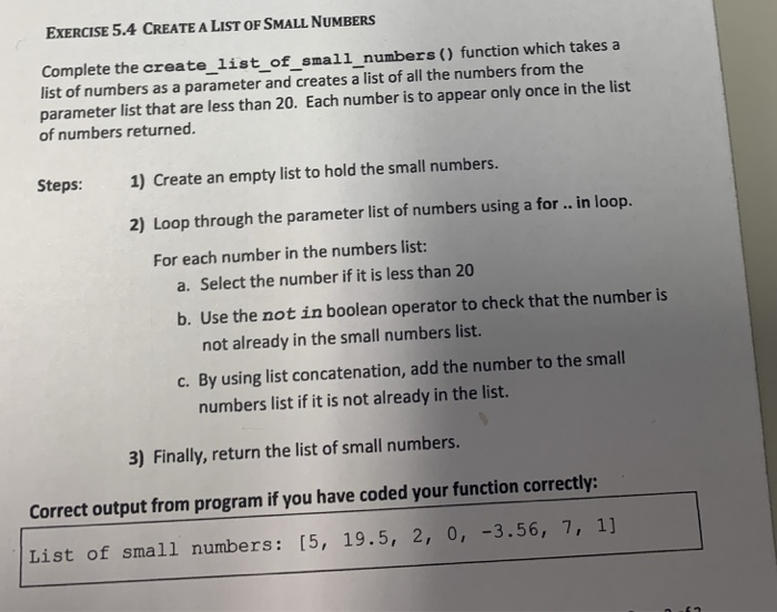 Solved EXERCISE 5.4 CREATE A LIST OF SMALL NUMBERS Complete | Chegg.com