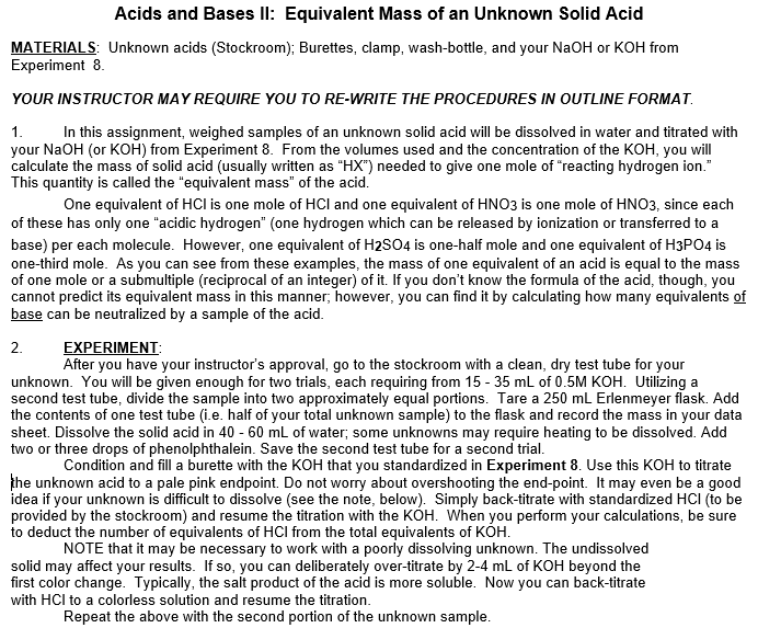 Solved Acids and Bases II: Equivalent Mass of an Unknown | Chegg.com