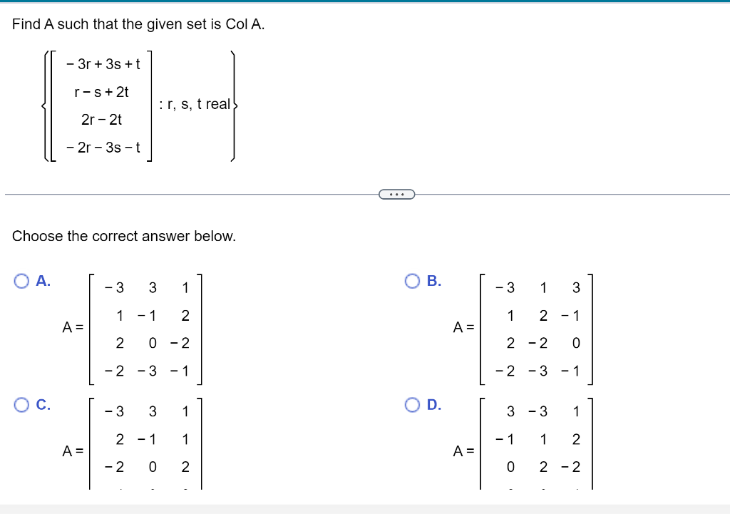 Solved Find A such that the given set is ColA. | Chegg.com