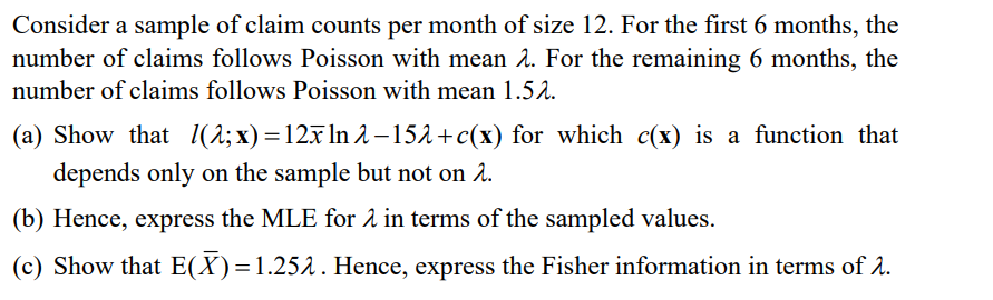 Solved Consider a sample of claim counts per month of size | Chegg.com