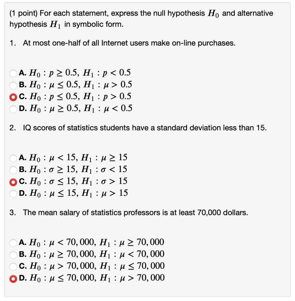 Solved ( 1 point) For each statement, express the null | Chegg.com