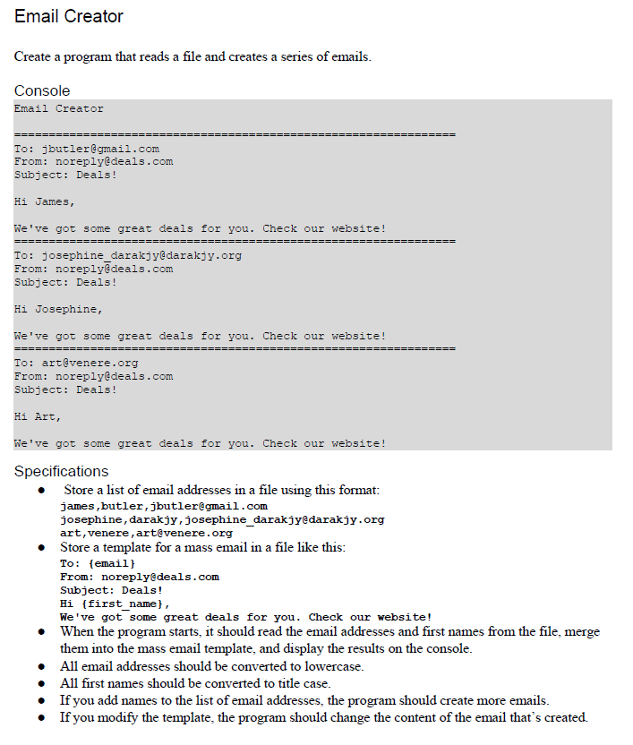 Solved Email Creator Create a program that reads a file and | Chegg.com