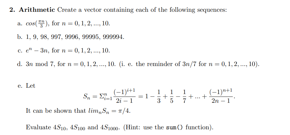 Solved 2. Arithmetic Create a vector containing each of the | Chegg.com