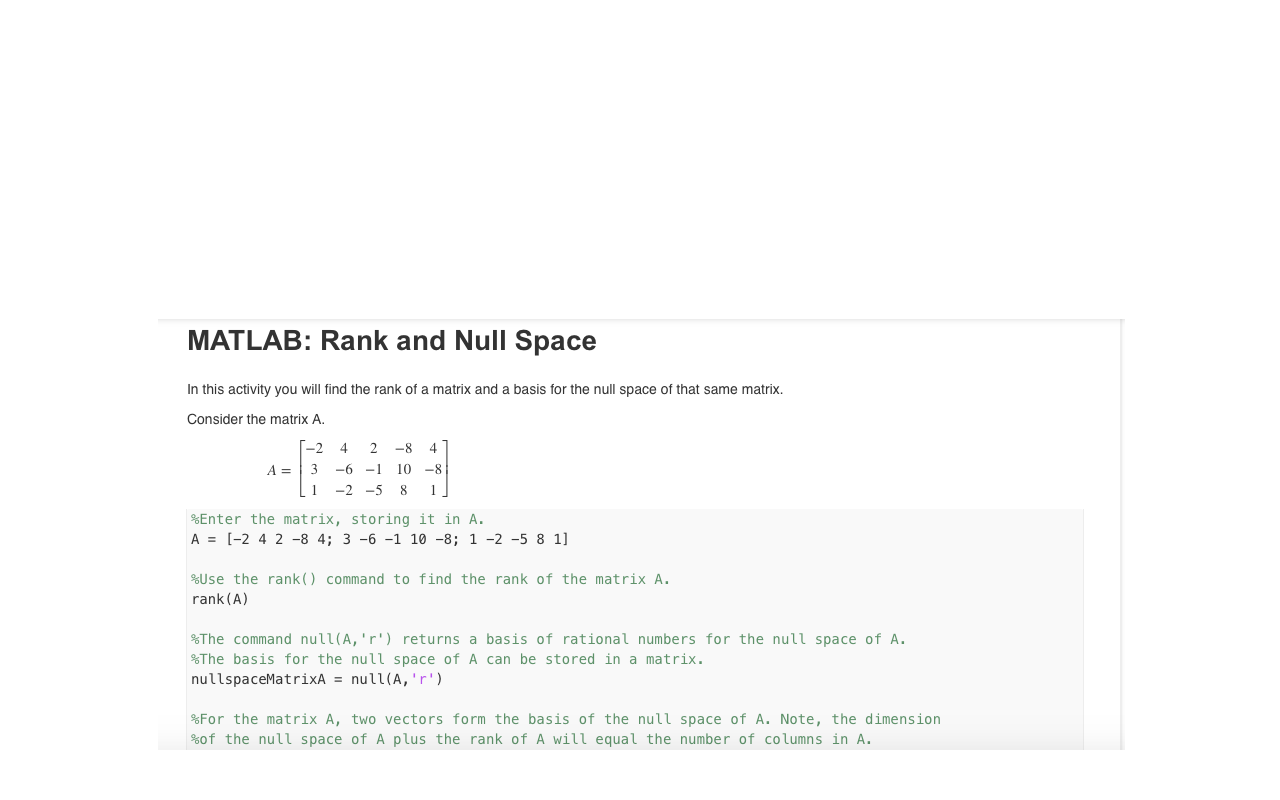 Solved MATLAB: Rank and Null Space In this activity you will | Chegg.com Solved MATLAB: Rank and Null Space In this activity you will | Chegg.com
