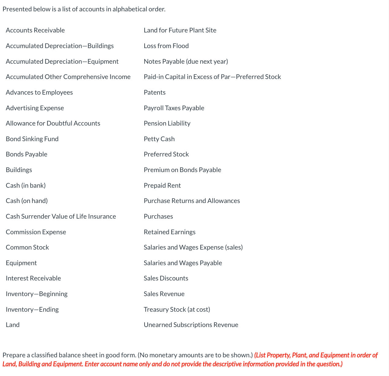 Solved Presented below is a list of accounts in alphabetical | Chegg.com