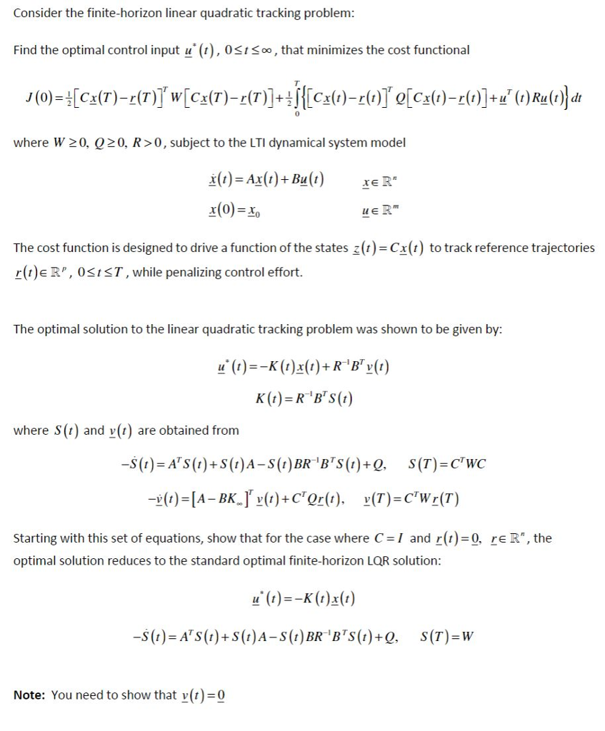 Consider the finite-horizon linear quadratic tracking | Chegg.com