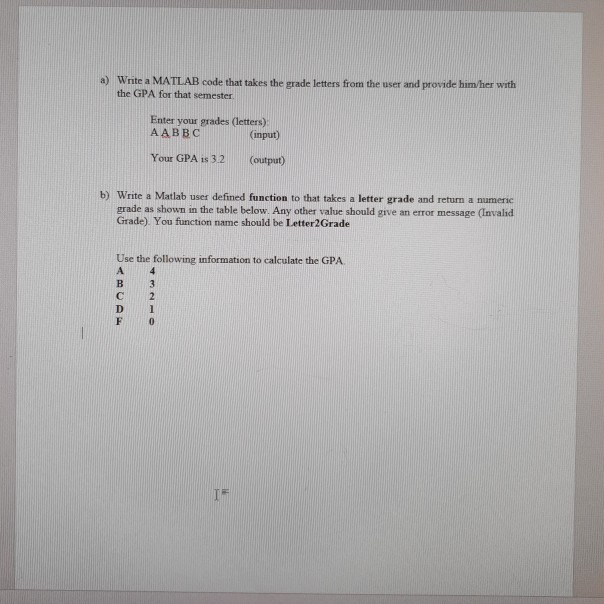 Solved a) Write a MATLAB code that takes the grade letters | Chegg.com