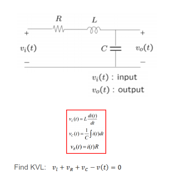 Solved vL(t)=Ldi(t)dtvC(t)=1C∫﻿﻿i(t)dtvR(t)=i(t)RFind KVL: | Chegg.com