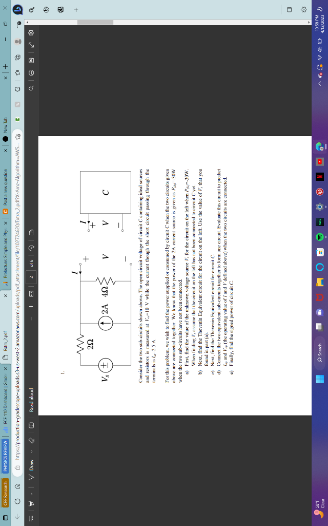 Solved Consider the two sub-circuits shown above. The open | Chegg.com