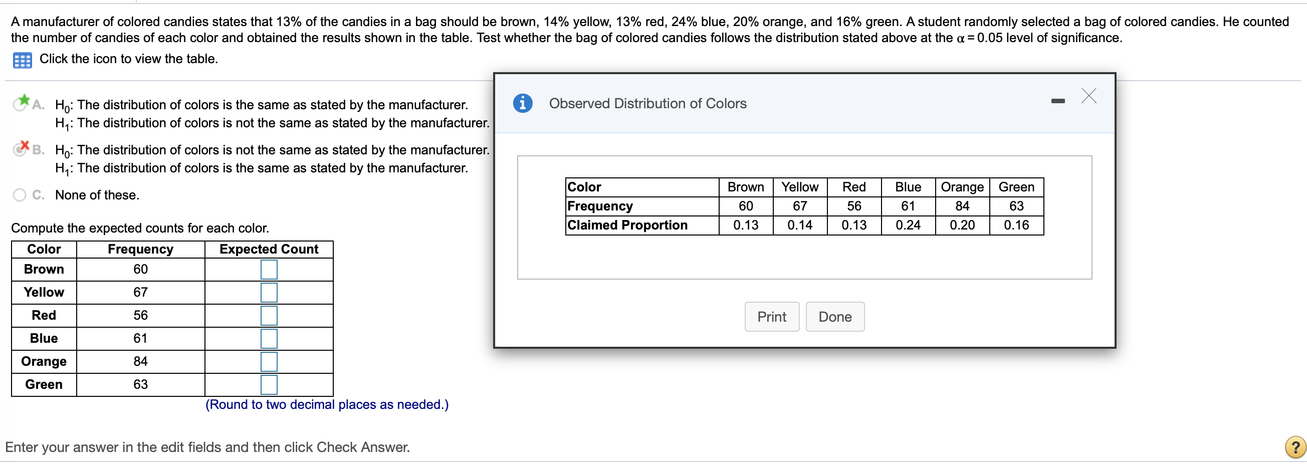 Solved Calculate the test statistic, χ20 , using | Chegg.com