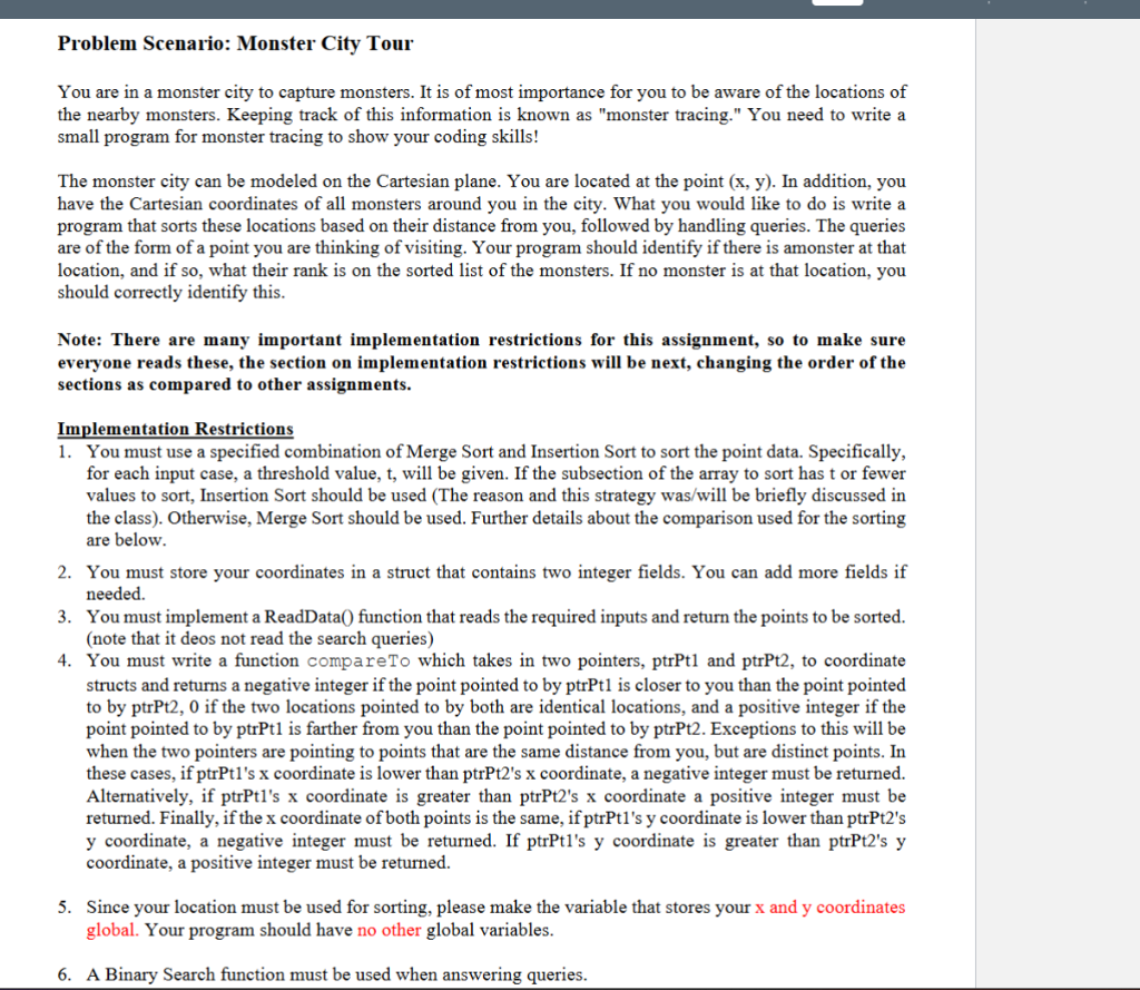 Solved Problem Scenario: Monster City Tour You are in a | Chegg.com