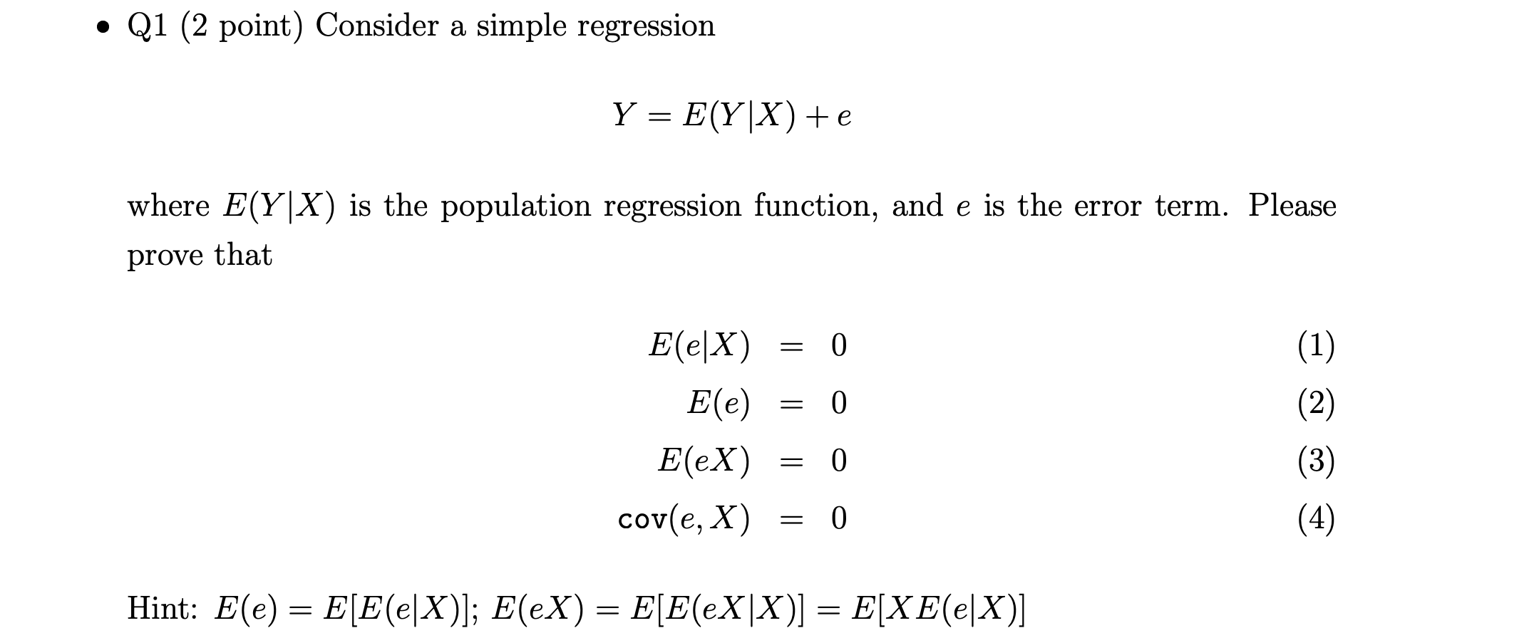 Solved Q1 (2 point) Consider a simple regression Y = E(Y|X) | Chegg.com